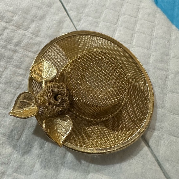 Jewelry | Vintage Gold Tone Mesh Brim Hat With Rose Leaves Brooch ...